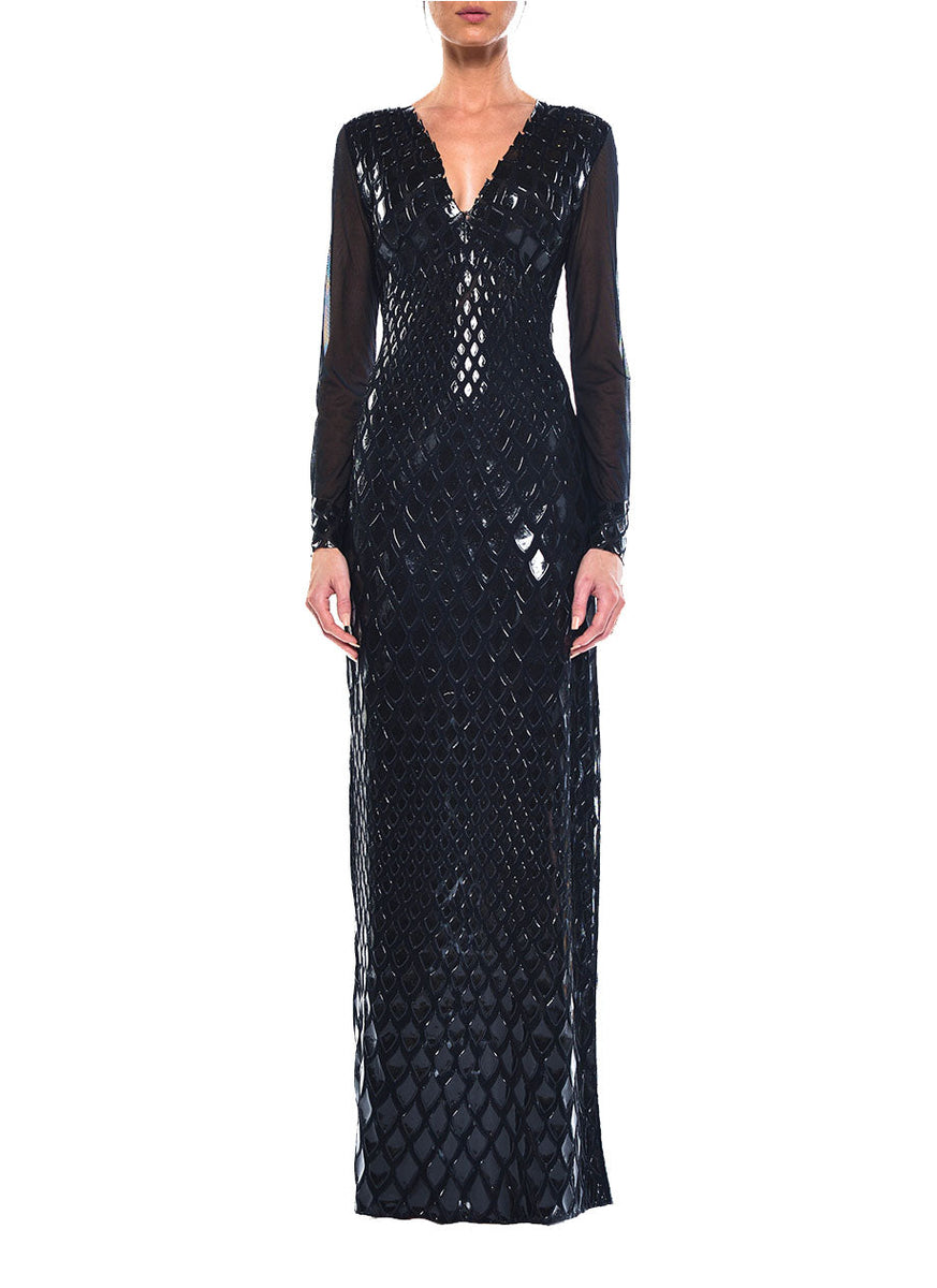 Floor Length V Front & Back Long Sleeve Gown – Ema Savahl Couture